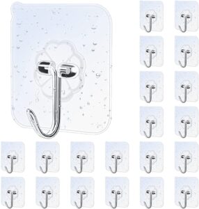 angyues adhesive wall hooks,20 pieces waterproof oilproof bathroom and kitchen heavy duty adhesive hooks , transparent practical wall hook coat hooks, ceiling hooks for hanging plants13 pounds (max)