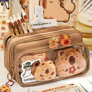 GUANGLU Cute Capybara Pencil Case, Clear Aesthetic Pencil Pouch with Cute Capybara Pins and Plush, Large Capacity Multi-layers Pen Case Cute Stationery School Supplies