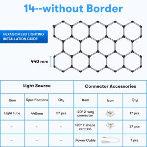 Hexagon Garage Light,57 Pack 14 Hexagon Honeycomb Lights,368W 39376LM Hexagon LED Lights,6500K Super Bright LED Hexagon Garage Light,LED Hexagon Lights for Garage Workshop Basement Gym Warehouse