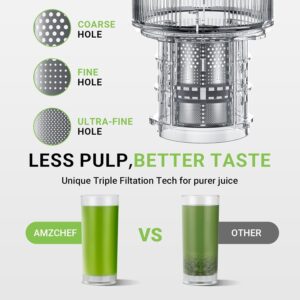 AMZCHEF Cold Press Juicer, Juicer Machines - 5.2" Large Feed Chute for Whole Fruits & Vegetables, Stainless Steel Slow Masticating Juicer Easy to Clean, Large Auger, Double Strainers, Silver