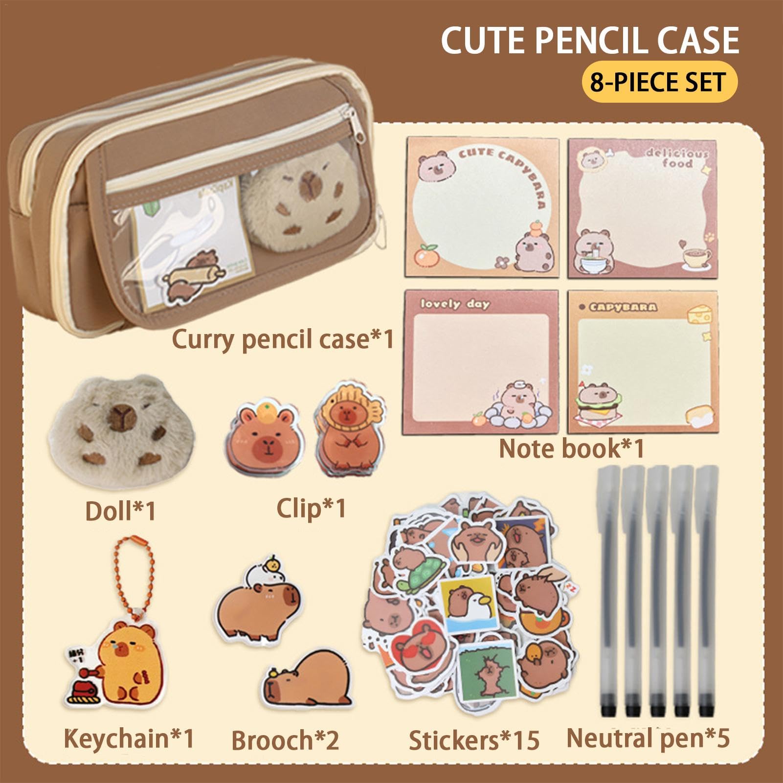 GUANGLU Cute Capybara Pencil Case, Capybara School Supplies, Clear Aesthetic Pencil Pouch with Cute Capybara Pins and Plush, Large Capacity Multi-layers Pen Case