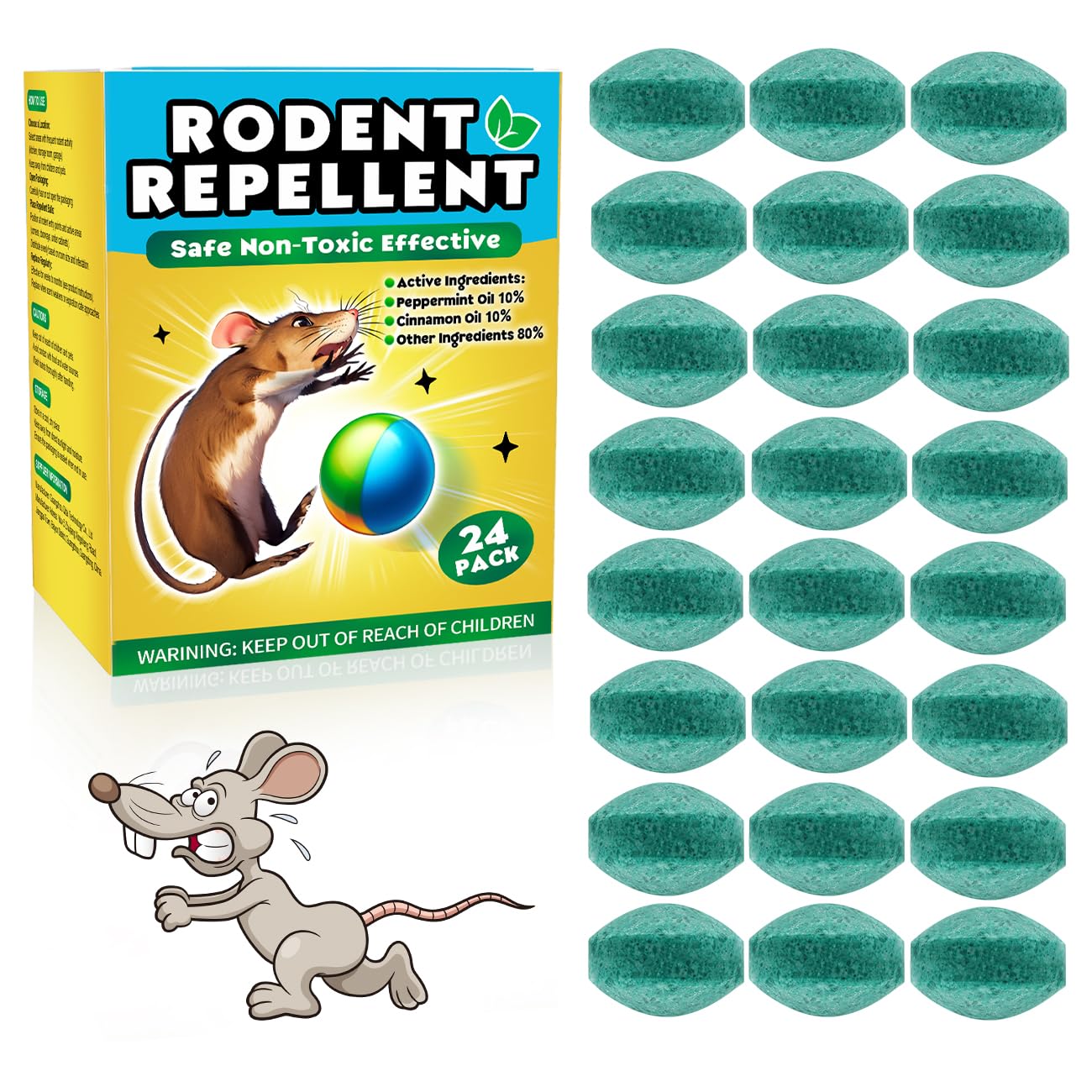 Rodent Repellent, 24Pcs Peppermint Oil Natural Ingredients Mouse Repellent Balls Safe for Kids & Pets Car/RV/Boat/Garage/Shed/Cabin