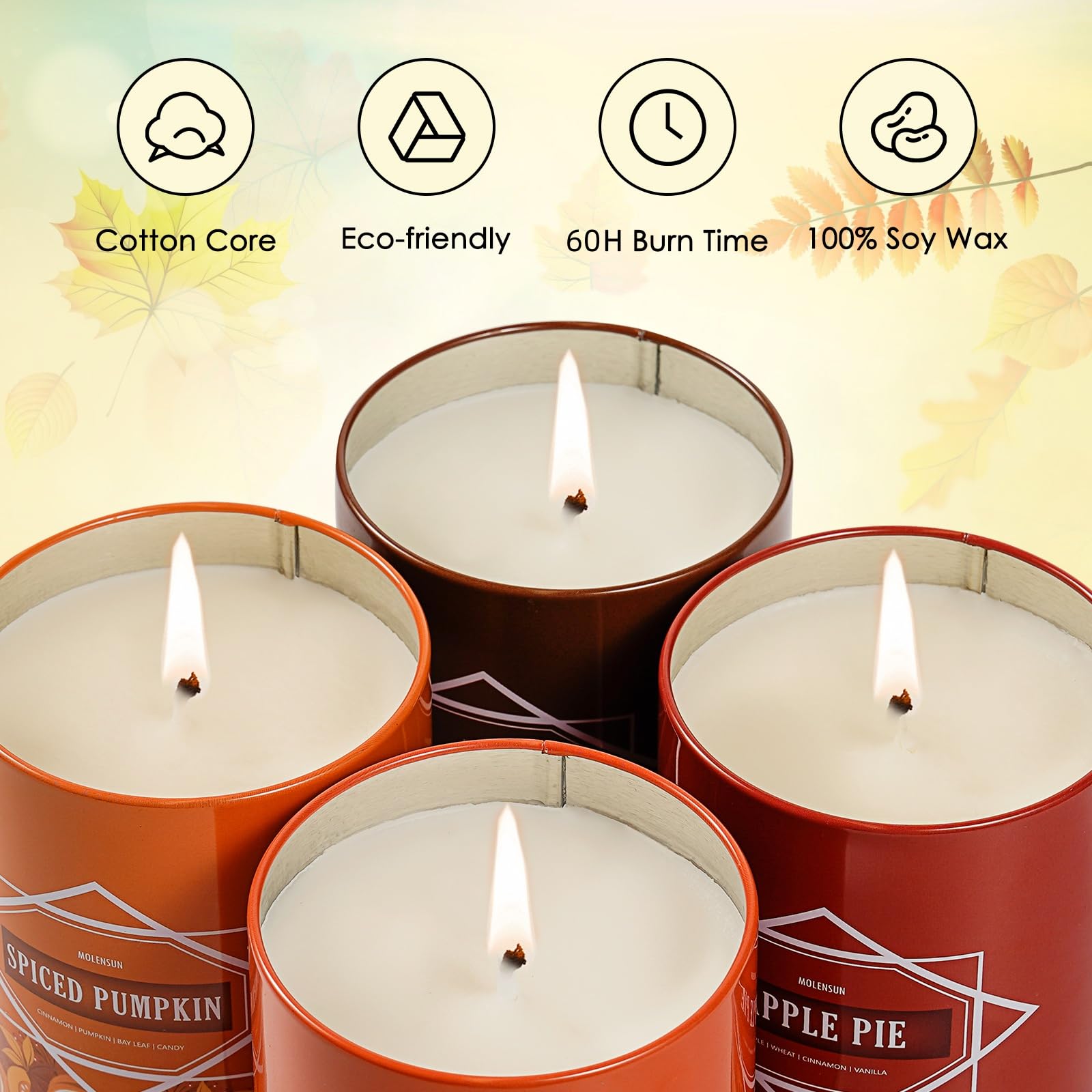 Fall Candle Set, Fall Scented Candles for Home, 4 Pack 36oz Soy Autumn Candles, Fall Gifts for Women, Fall Scents of Spiced Pumpkin/Cinnamon Clove/Apple Pie/Hello Fall