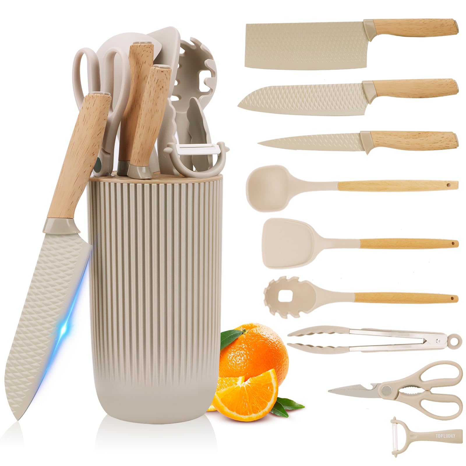 Kitchen Utensils Set, 10 PCS Non-Stick Stainless Steel Knives Set and Silicone Cooking Utensils Spatula Set with Holder, Wooden Ergonomic Handle Home Kitchenware Accessories Cookware Set (Khaki)