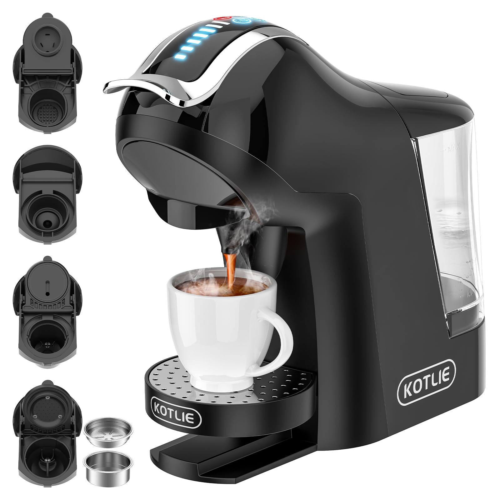 KOTLIE 5in1 19Bar Multicapsule Espresso Coffee Machine, Cold&Hot Brewing Single-Serve Coffee Maker, Cappuccino&Latte Maker for Kcup/Dolce Gusto/Nespresso Original/GroundCoffee/44mm ESE EM-308A (Black)