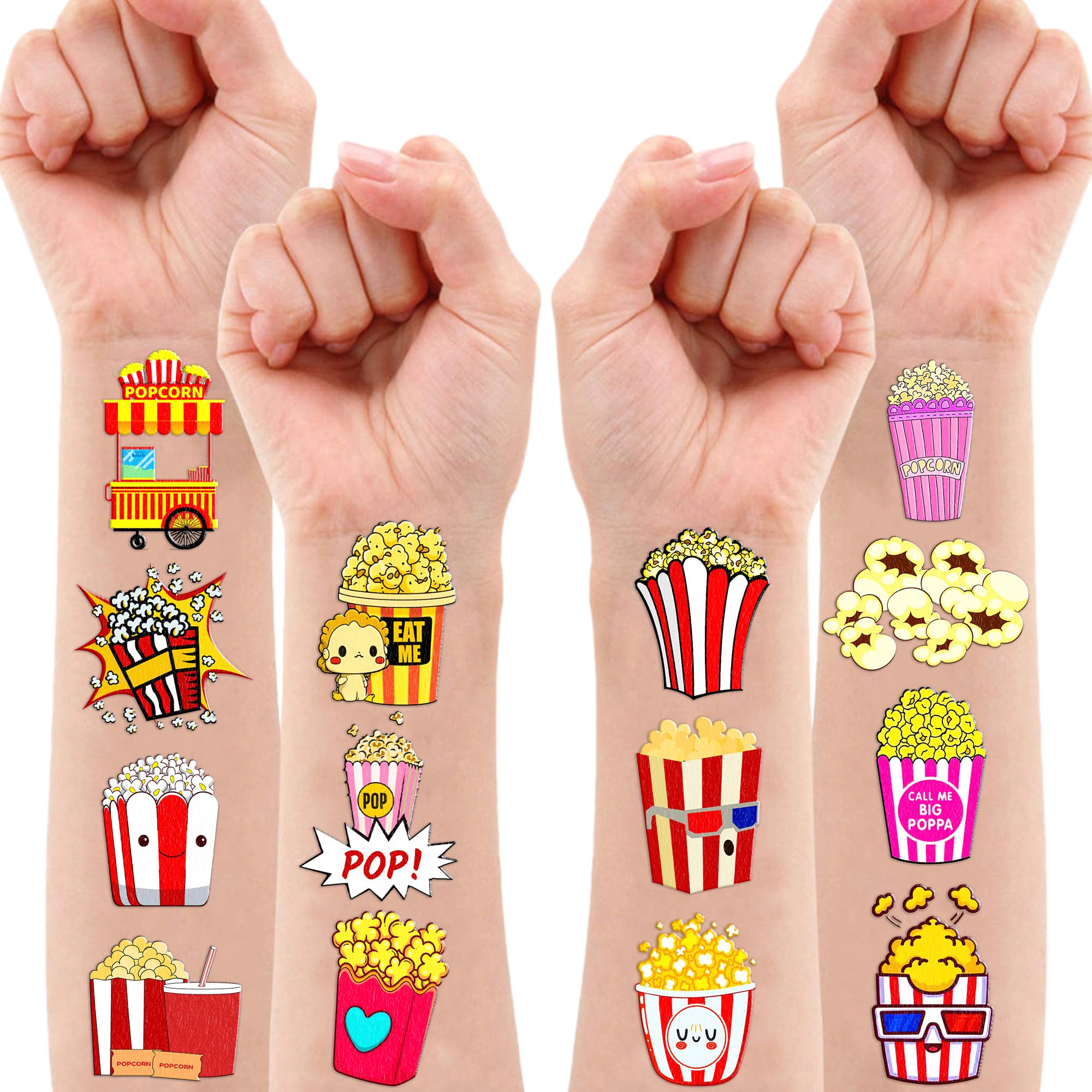 100 PCS Popcorn Corn Movie Night Themed Temporary Tattoos Birthday Party Decorations Favors Supplies Cute Circus Fake Tattoo Stickers Party Gifts for Children Girls Boys Home Activity School Rewards