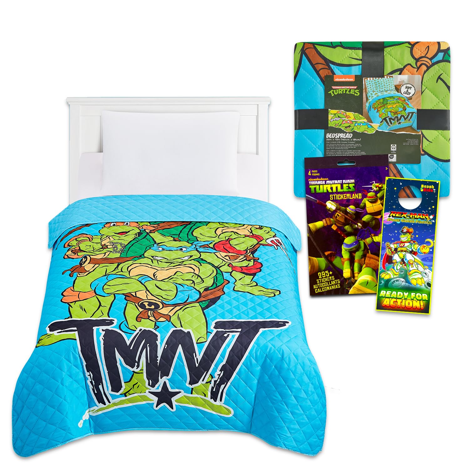 Teenage Mutant Ninja Turtles Bedspread Twin Set for Kids - Bundle with Reversible TMNT Quilted Bedspread for Twin Bed Plus Stickers, More | TMNT Twin Bedding Set for Boys