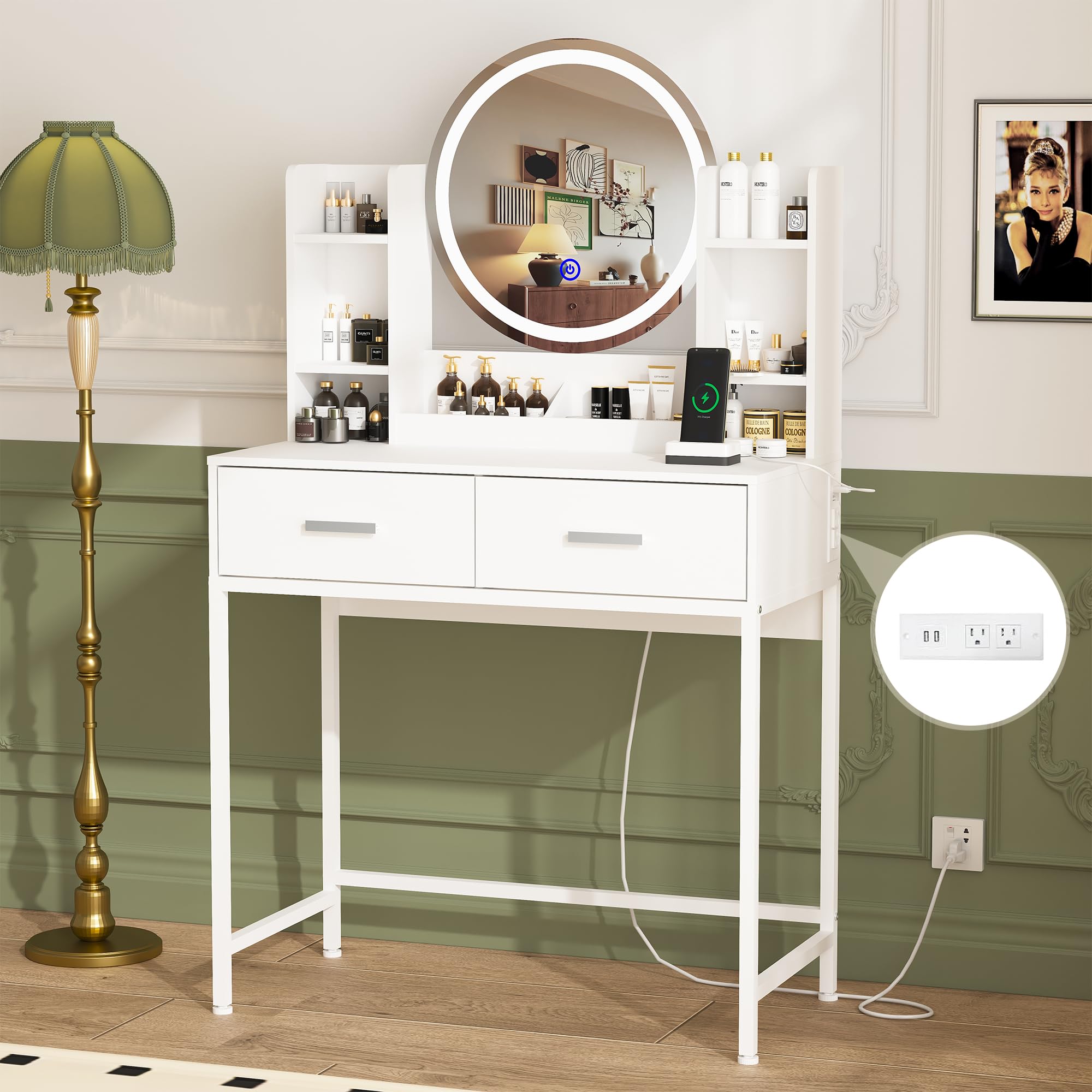 HDDDZSW Vanity Desk with Mirror and Lights, Make up Vanity Desk with Charging Station and 2 Drawers, Dressing Table with 3-Lighting-Modes Makeup Mirror, White Vanity Makeup Table for Bedroom