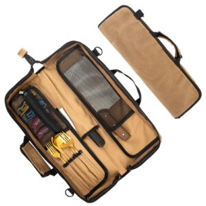 knife roll,waxed canvas knife bag,heavy duty knife case,chef knife bag roll with 13 slots for knives and kitchen tools,knife roll bag for chefs culinary traveling,knives pouch holder wrap (khaki)