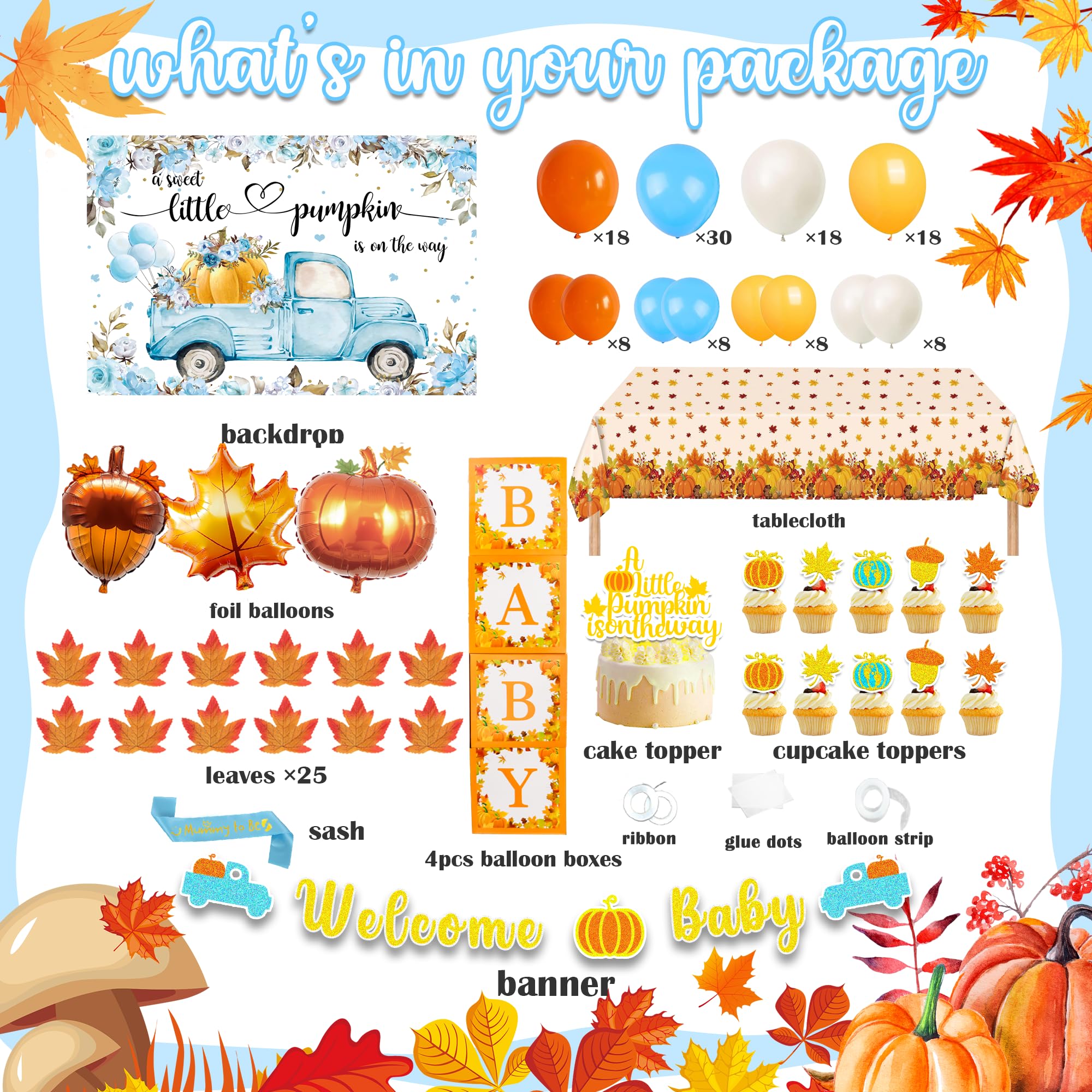 A Little Pumpkin is On the Way Baby Shower Decorations, Thanksgiving Pumpkin Baby Boy Baby Shower Decorations Kit, Fall Pumpkin Baby Shower Boy Supplies, Autumn Baby Shower Decorations for Boy