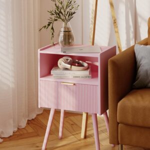 JOONEE Nightstand,Modern Bedside Table with Storage Drawer and Open Wood Shelf, for Living Room, Bedroom and Small Spaces, Accent Night Stand with Solid Wood Legs, Easy Assembly,Classic Pink