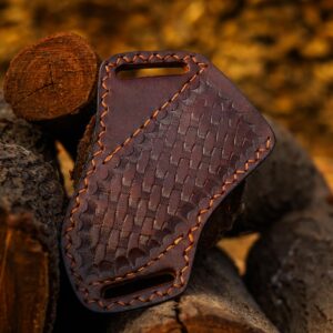 Leather Knife Sheath for Belt, Slanted Pancake Style, Tooled Leather, Cowboy Bull Cutter Cover, Cross Draw, Handmade Stitched with 100% Real Leather (Dark Brown)