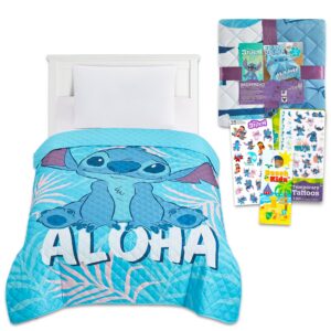 disney stitch bedspread twin set for kids - bundle with lilo and stitch quilted bedspread for twin bed plus stickers, more | stitch twin bedding set for boys, girls