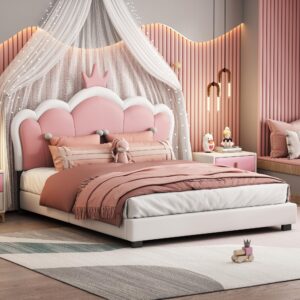 Merax Kid Full Upholstered Day Bed Frame with Crown Headboard, Wood Princess Low Platform Bed for Boys Girls,Easy Assemble White+Pink