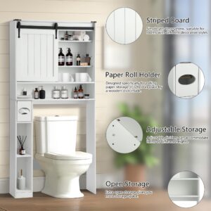 YOCONYO Over The Toilet Storage Cabinet, Farmhouse Over Toilet Cabinet Included Sliding Barn Door,Toilet Paper Holder Stand and Adjustable Bottom Bar, Freestanding Toilet Rack for Bathroom,White