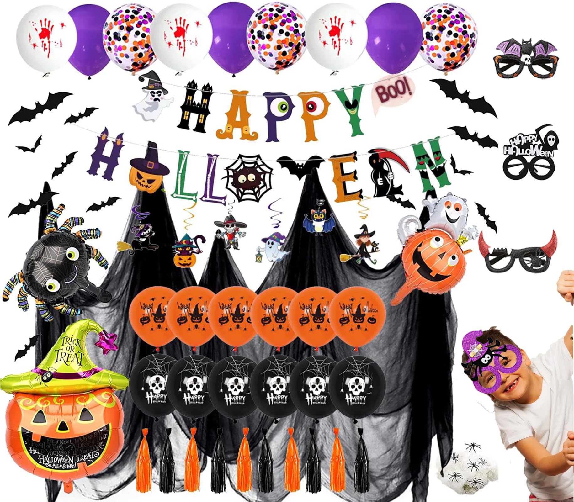 Hyfant 70Pcs Halloween Party Decorations Wall Decorations for Halloween Party Supplies Set 3D Bat Sticker Pumpkin Inflatables Cute Glasses Ghosts Banner Balloons Combo Set For Halloween Birthday Party