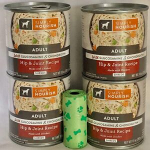 SIMPLY NOURISH Adult Hip & Joint Recipe Shreds Made with Chicken. with Glucosamine & Chondroitin Comes in 4-10 OZ Cans/Plus Dog Waste Bag.