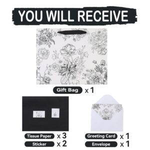 13” Large Sketched Flowers Gift Bag Set with Handles, Greeting Card, Tissue Papers and Stickers for Women Girls for Birthday, Wedding, Anniversary and Mother’s Day, Black Flowers Design, 1 Pcs