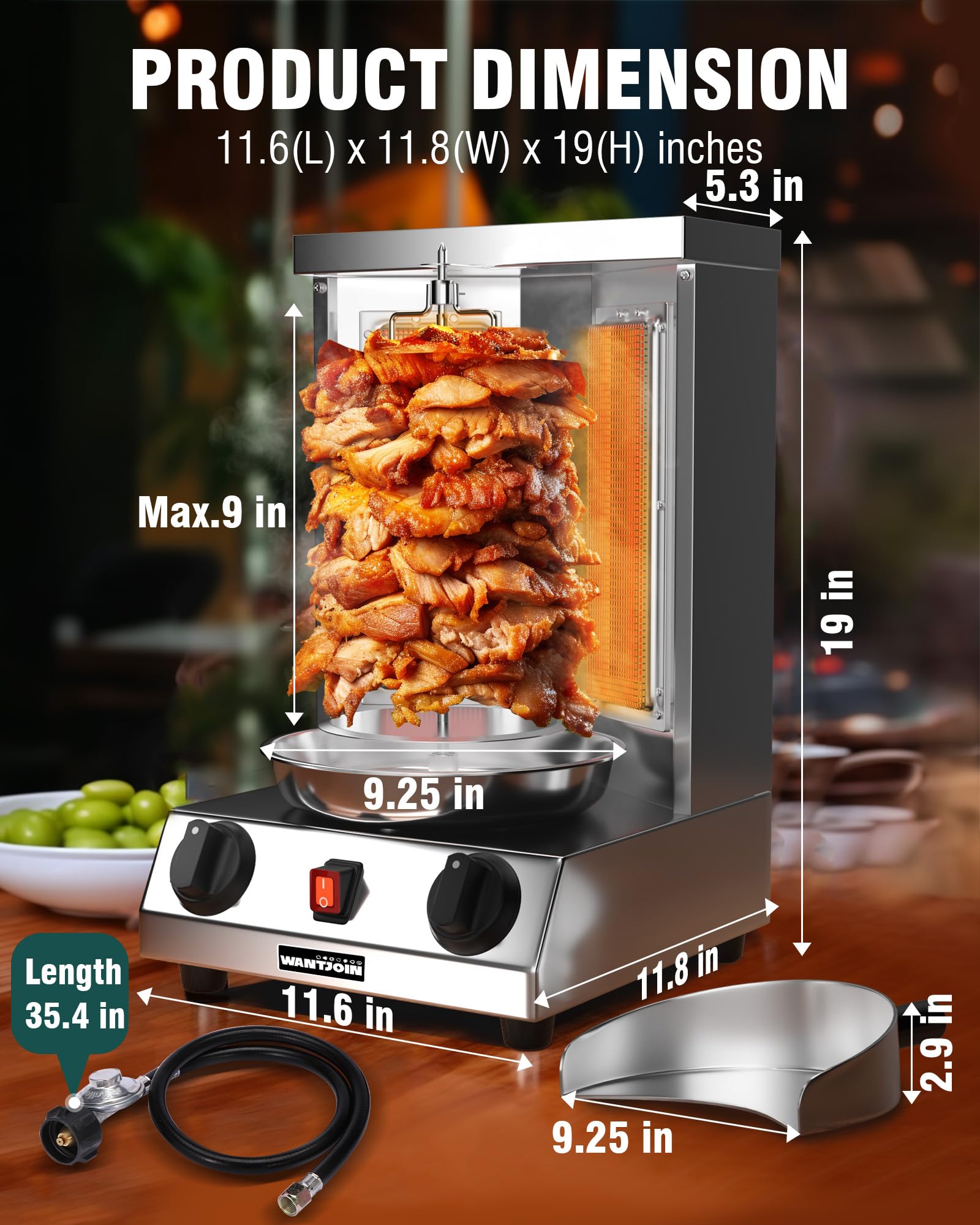 WantJoin Shawarma Grill Machine, Gas Vertical Rotisserie with 2 Burners for Home, Countertop Rotating Doner Kebab Oven Broiler Gyro Maker with Shovel, 11.6 * 11.8 * 19 inches, 110V