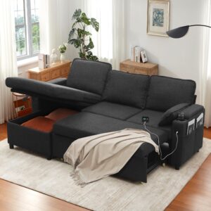 duraspace sofa bed, sleeper sofa couch with pullout bed for living room, l shaped couch with storage chaise, usb, cup holder (dark gray)