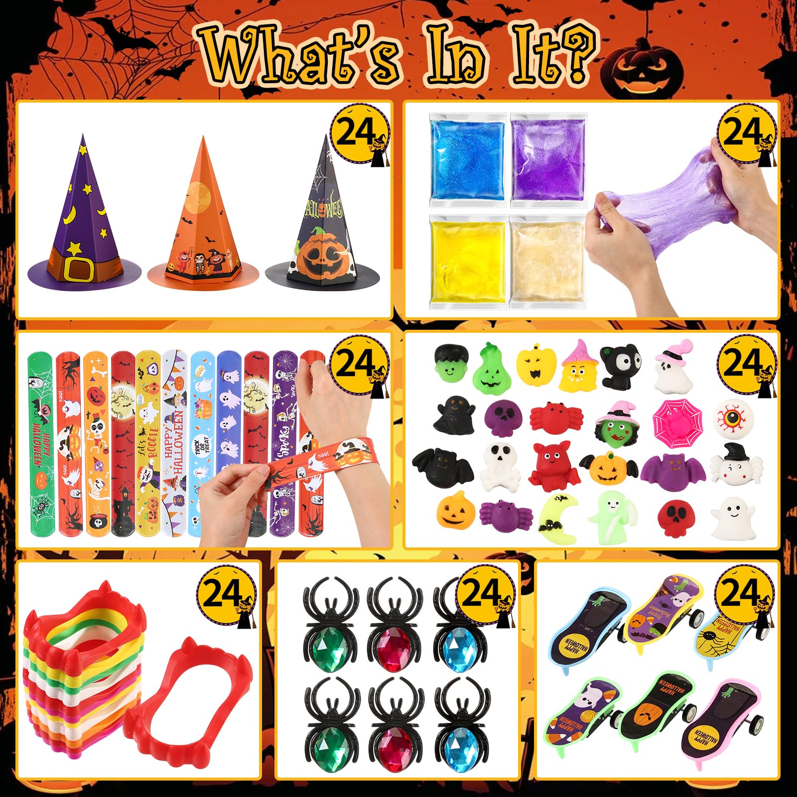 169 Pcs Halloween Party Favors for Kids, 24 Pack Halloween Slime and Kawaii Mochi Squishy Fidget Toys Bulk Stuffer Witch Hat, Non Candy Halloween Treats Bags Filler Classroom Favors