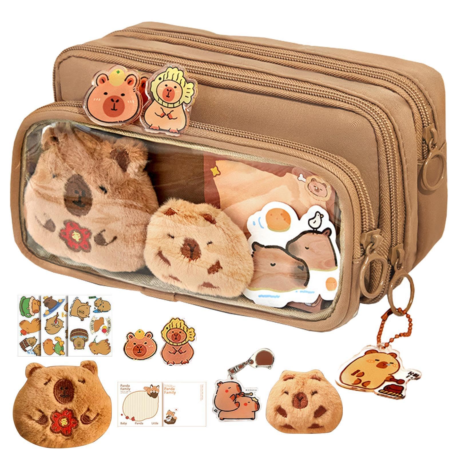 GUANGLU Cute Capybara Pencil Case, Clear Aesthetic Pencil Pouch with Cute Capybara Pins and Plush, Large Capacity Multi-layers Pen Case Cute Stationery School Supplies