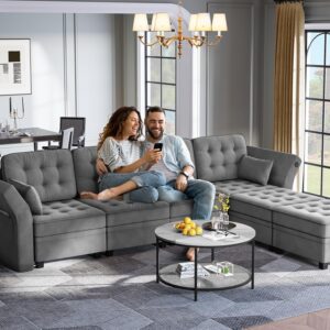 DWVO Modular Sectional Sofa, U Shaped Sectional Couch with Reversible Chaise Velvet 6-Seater Sectional Couch with 3-Position Adjustable Armrests and USB Port