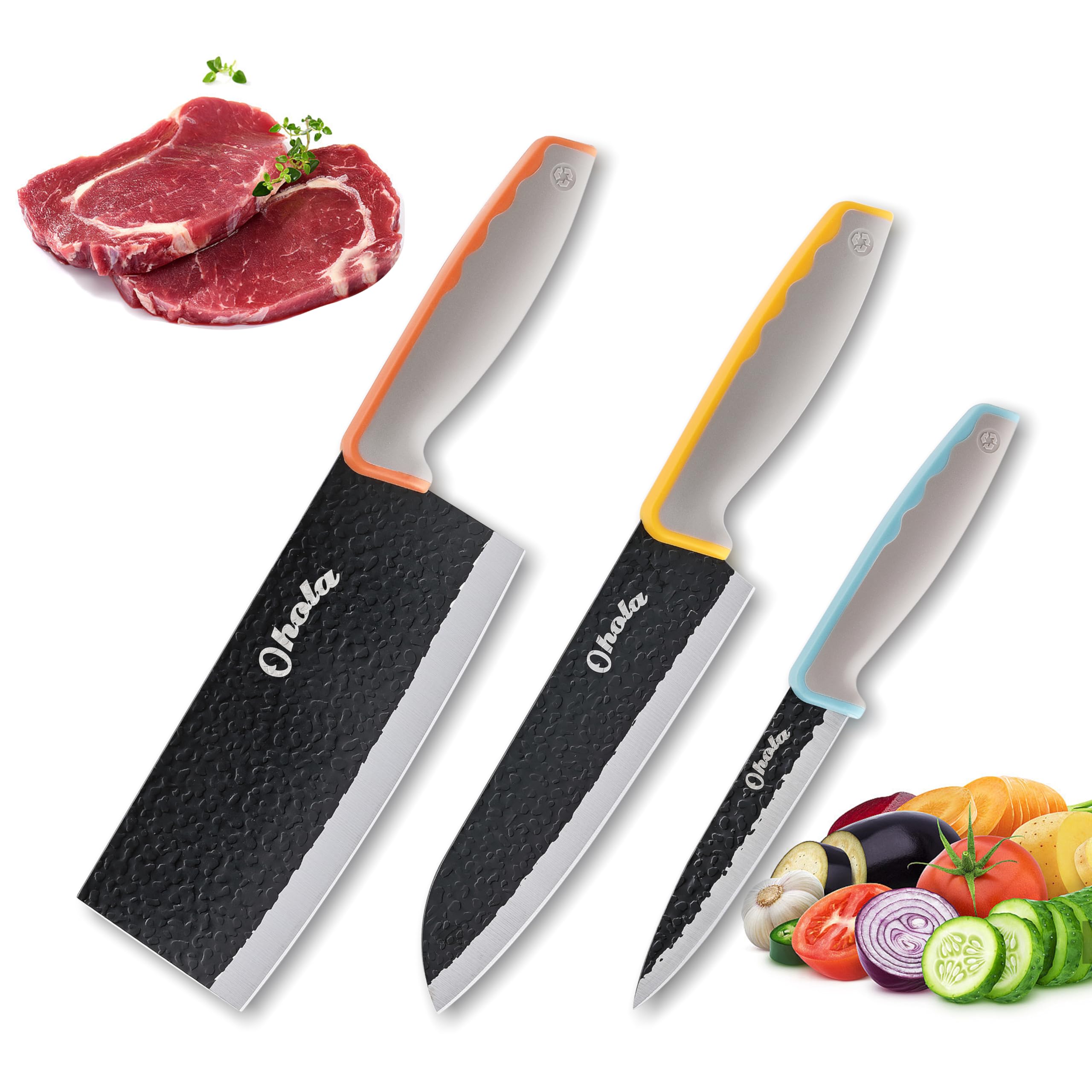 3PCS Kitchen Knvies, Includes 7 inch Chef Knife, 7 inch Cleaver Knife and 4.5 inch Boning Knife, Stainless Steel Blade with Ergonomic Rubber Handle, Dishwasher Safe (Orange, Yellow, Blue)