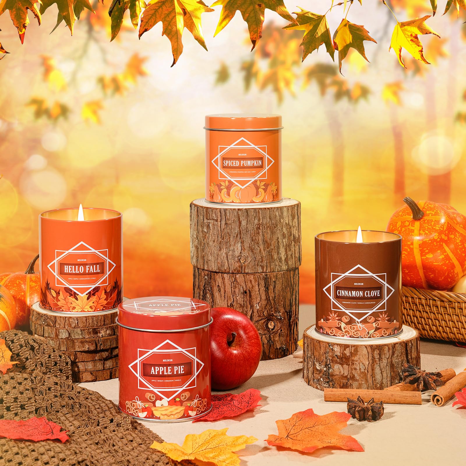 Fall Candle Set, Fall Scented Candles for Home, 4 Pack 36oz Soy Autumn Candles, Fall Gifts for Women, Fall Scents of Spiced Pumpkin/Cinnamon Clove/Apple Pie/Hello Fall