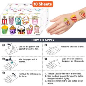 100 PCS Popcorn Corn Movie Night Themed Temporary Tattoos Birthday Party Decorations Favors Supplies Cute Circus Fake Tattoo Stickers Party Gifts for Children Girls Boys Home Activity School Rewards