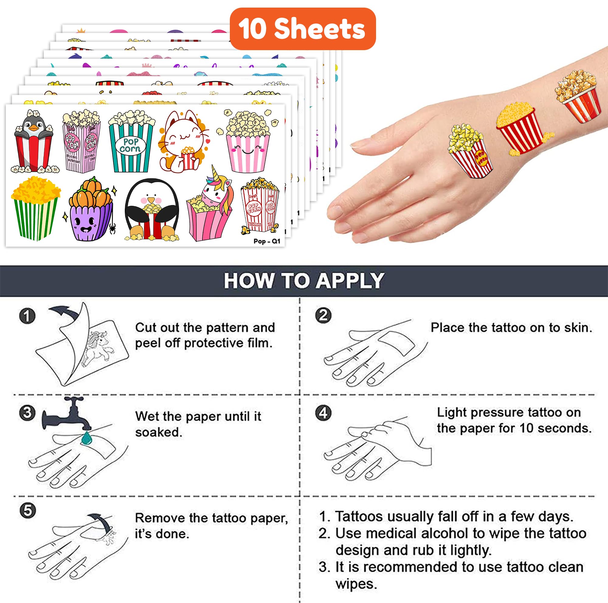 100 PCS Popcorn Corn Movie Night Themed Temporary Tattoos Birthday Party Decorations Favors Supplies Cute Circus Fake Tattoo Stickers Party Gifts for Children Girls Boys Home Activity School Rewards