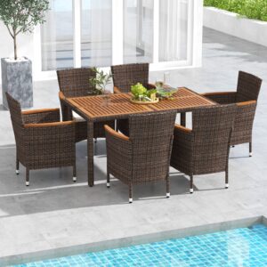 Toolsempire 7 Pieces Patio Wicker Dining Set Outdoor Dining Set, Patio Furniture Set with Acacia Wood Table and Chairs, Garden Dining Table Set for Desk, Poolside, Backyard (Brown)