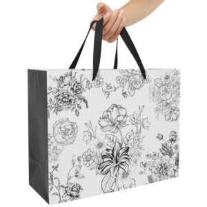 13” Large Sketched Flowers Gift Bag Set with Handles, Greeting Card, Tissue Papers and Stickers for Women Girls for Birthday, Wedding, Anniversary and Mother’s Day, Black Flowers Design, 1 Pcs