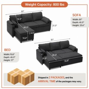 DURASPACE Sofa Bed, Sleeper Sofa Couch with Pullout Bed for Living Room, L Shaped Couch with Storage Chaise, USB, Cup Holder (Dark Gray)