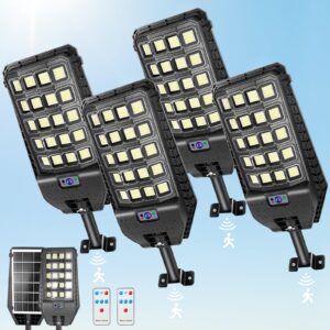 4 pack solar motion lights outdoor, 1000lm 400 led parking lot lights outdoor, ip65 solar street lights outdoor waterproof, wide angle solar lights outdoor motion sensor for streets, garages, gardens