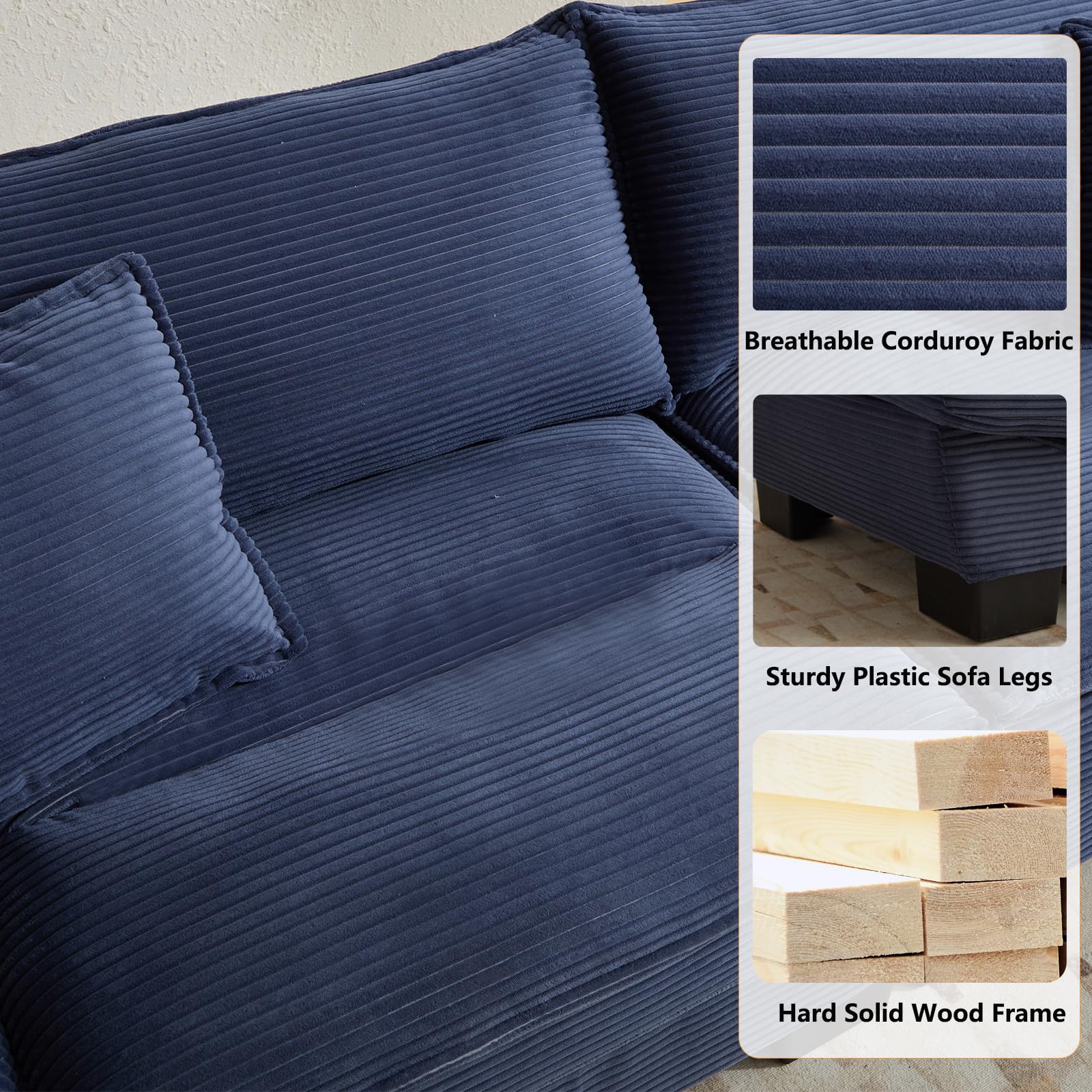 Anwick Loveseat Sofa 84" Deep Seat Corduroy Couch, Upholstered 2 Seater Sofa with Pillows, Modern Comfy Sofas for Living Room Bedroom Apartment (Blue)