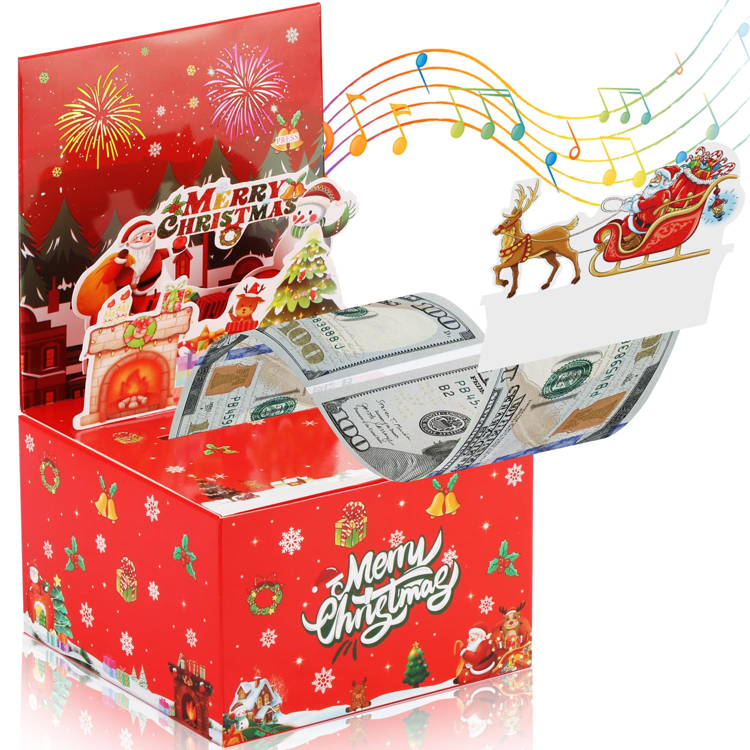 JOYJOM Christmas Money Box for Cash Gift with Pull Out, Surprise Merry Christmas Money Pull Box with Music and Lights, 3D Pop Up Christmas Cards with Money Envelopes Holder