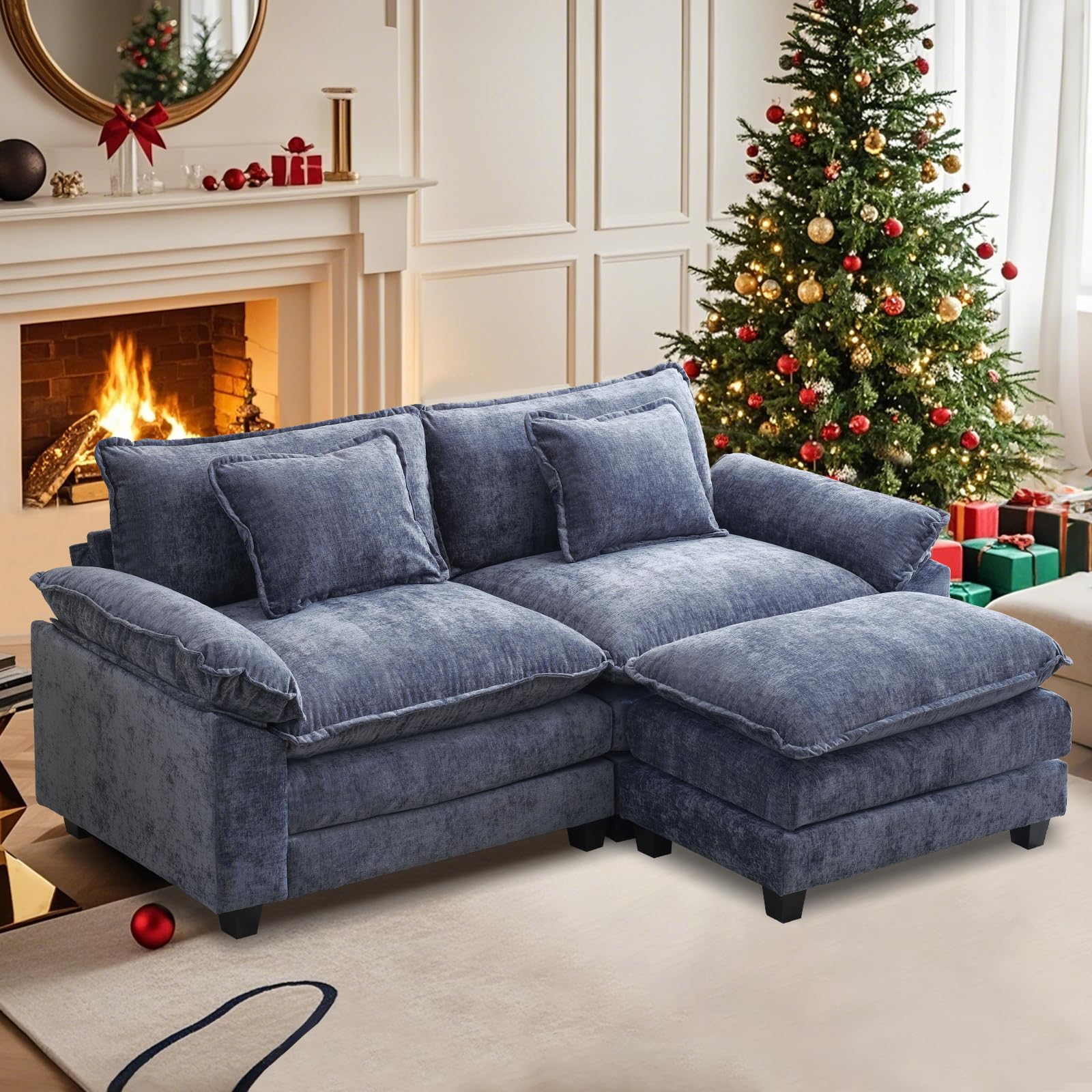 OQQOEE Sectional Sofa Modular Cloud Couch Upholstered Deep Seat Cloud Sofas with Ottoman Comfy Chenille Sofa Sleeper for Living Room,Apartment (Blue, Loveseat & Ottoman)