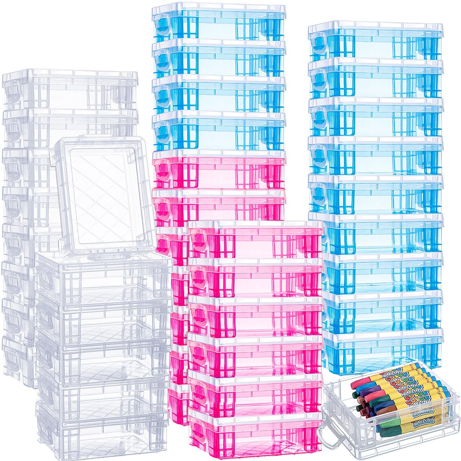 Suzile 40 Pcs Plastic Crayon Boxes Stackable Transparent Crayon Organizer with Lid Crayon Storage Containers Bulk for Office School Classroom Supplies Pen Pencil Art Crafts (Clear, Red, Blue)