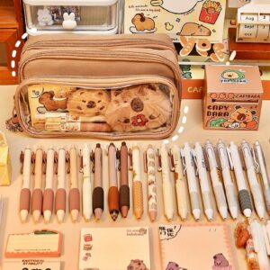 GUANGLU Cute Capybara Pencil Case, Clear Aesthetic Pencil Pouch with Cute Capybara Pins and Plush, Large Capacity Multi-layers Pen Case Cute Stationery School Supplies