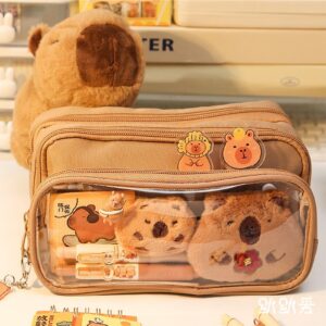 GUANGLU Cute Capybara Pencil Case, Clear Aesthetic Pencil Pouch with Cute Capybara Pins and Plush, Large Capacity Multi-layers Pen Case Cute Stationery School Supplies