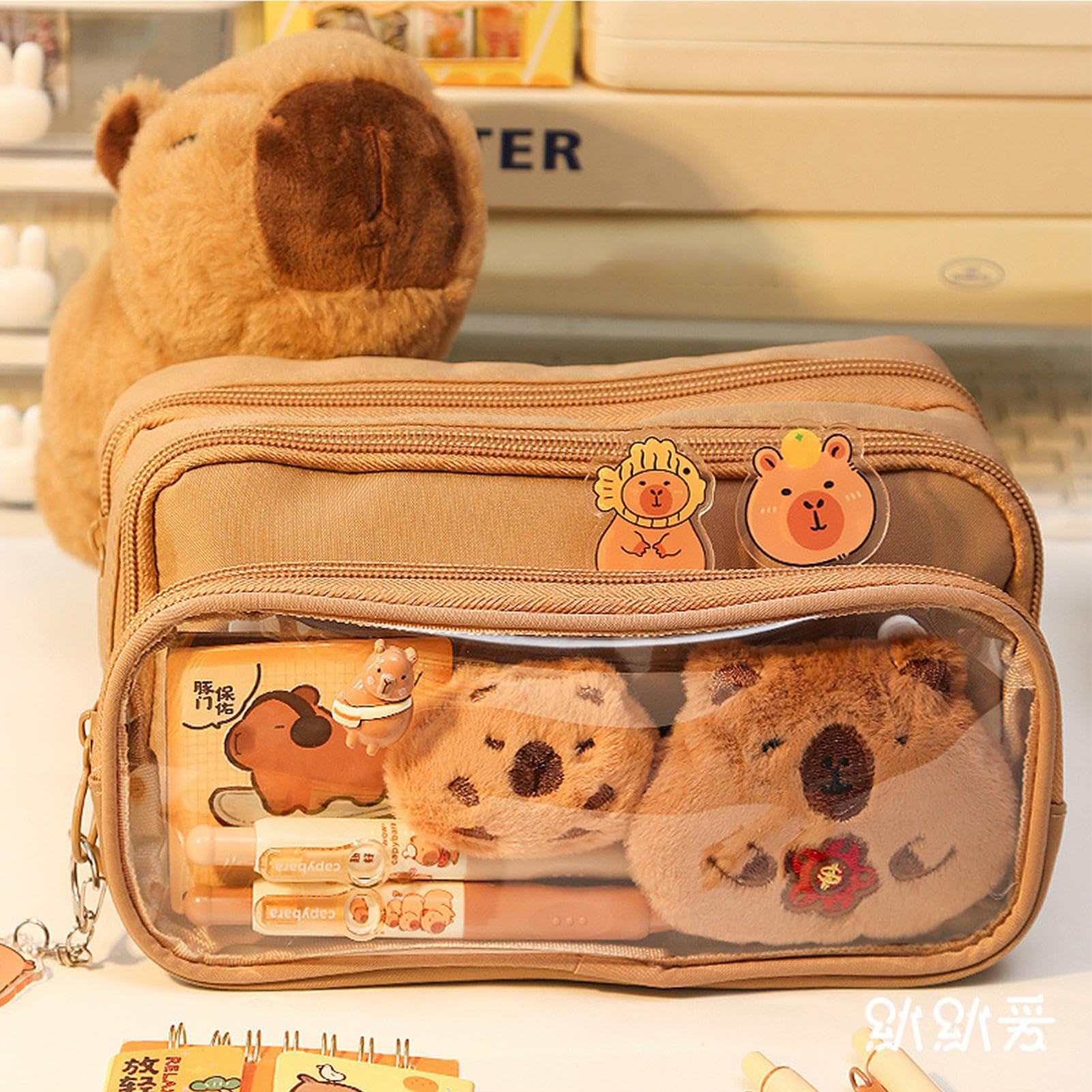 GUANGLU Cute Capybara Pencil Case, Clear Aesthetic Pencil Pouch with Cute Capybara Pins and Plush, Large Capacity Multi-layers Pen Case Cute Stationery School Supplies