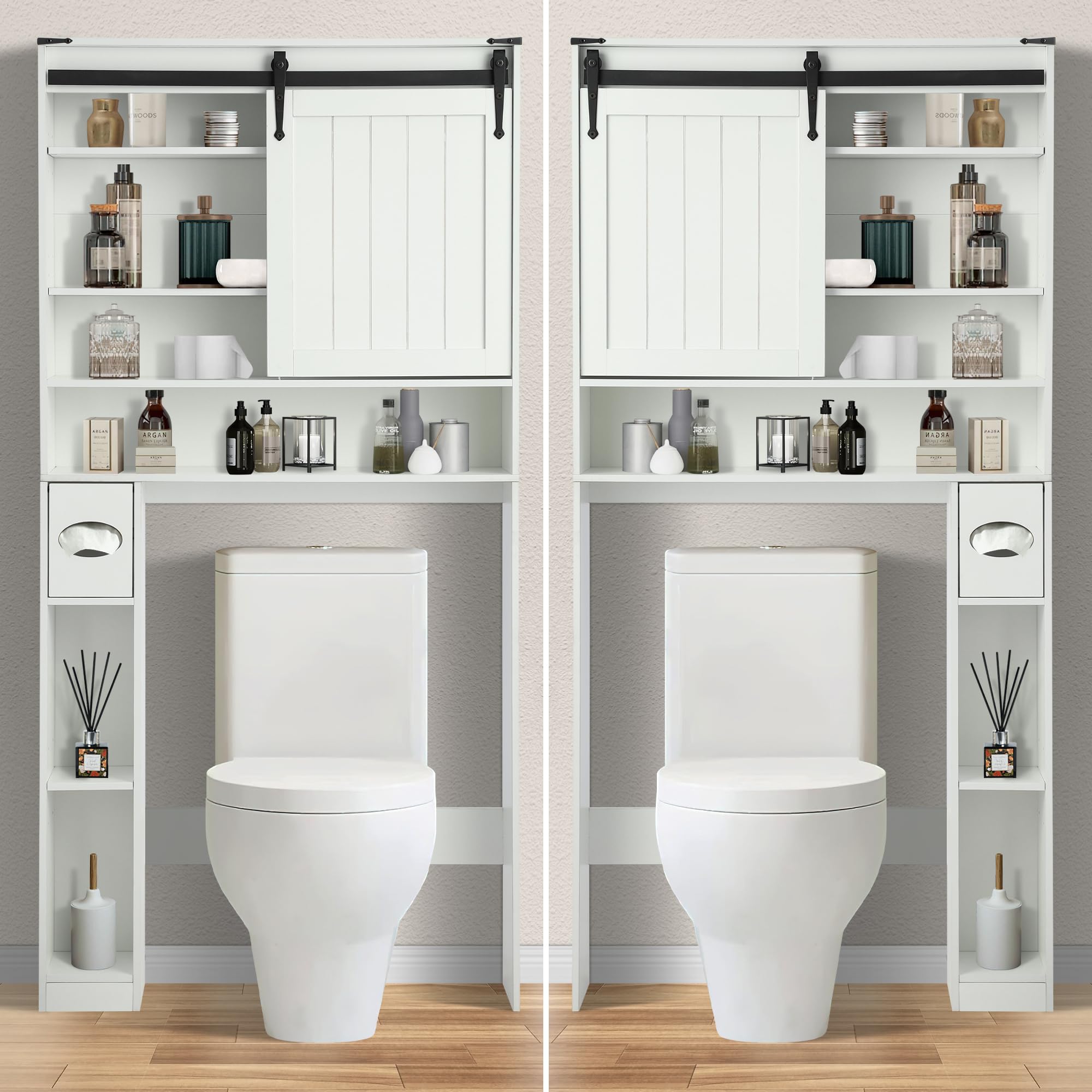 YOCONYO Over The Toilet Storage Cabinet, Farmhouse Over Toilet Cabinet Included Sliding Barn Door,Toilet Paper Holder Stand and Adjustable Bottom Bar, Freestanding Toilet Rack for Bathroom,White