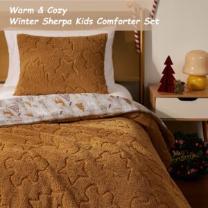 Wink Deer Plush Sherpa Twin Comforter Set for Girls Boys,Fluffy Gingerbread Man Brown 2-Piece Reversible Kids Bedding Set with Cute Prints, Soft and Warm Comforter for Winter