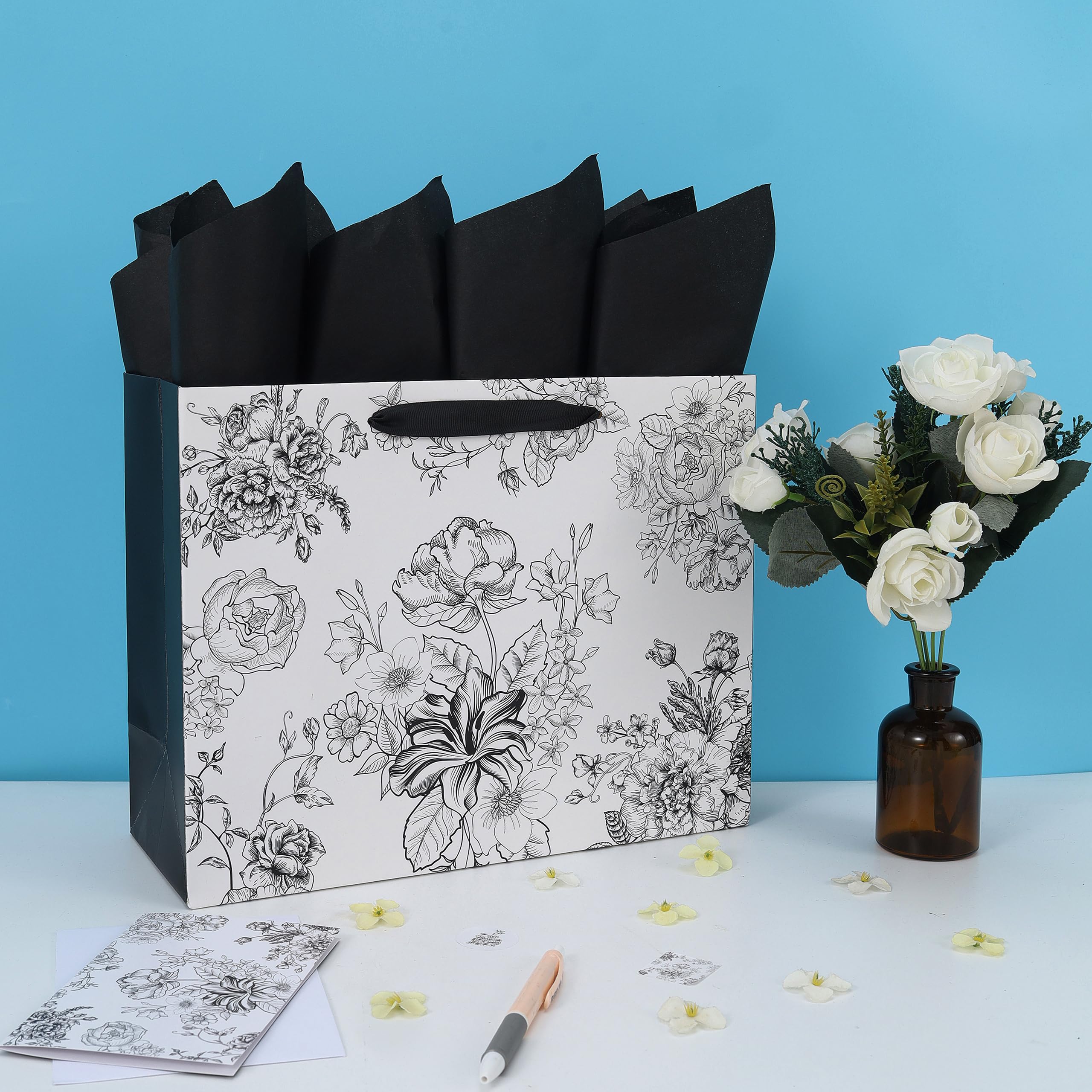 13” Large Sketched Flowers Gift Bag Set with Handles, Greeting Card, Tissue Papers and Stickers for Women Girls for Birthday, Wedding, Anniversary and Mother’s Day, Black Flowers Design, 1 Pcs