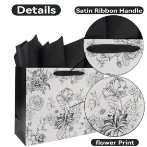 13” Large Sketched Flowers Gift Bag Set with Handles, Greeting Card, Tissue Papers and Stickers for Women Girls for Birthday, Wedding, Anniversary and Mother’s Day, Black Flowers Design, 1 Pcs