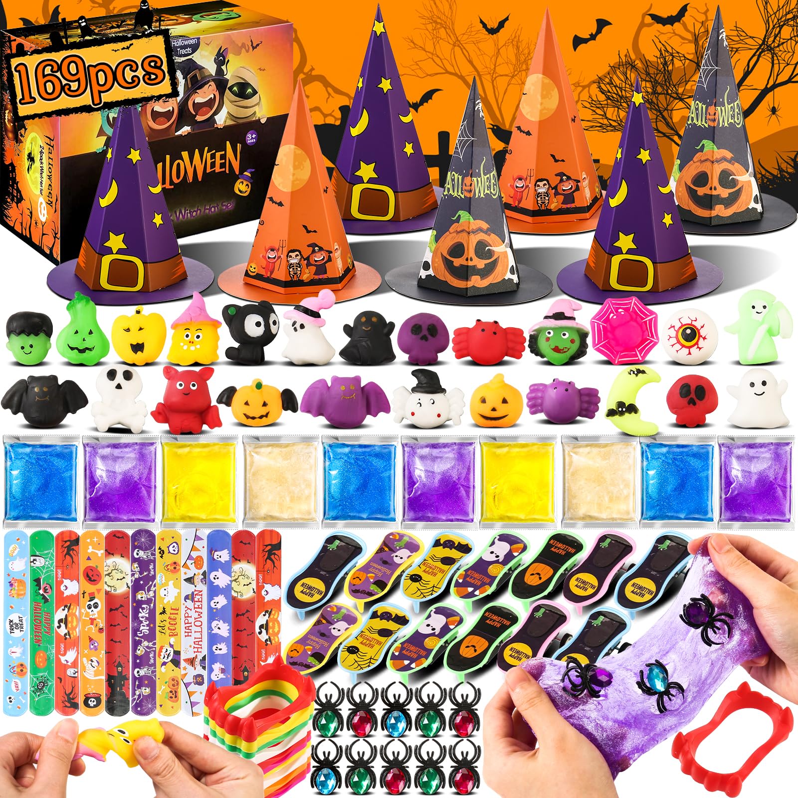 169 Pcs Halloween Party Favors for Kids, 24 Pack Halloween Slime and Kawaii Mochi Squishy Fidget Toys Bulk Stuffer Witch Hat, Non Candy Halloween Treats Bags Filler Classroom Favors