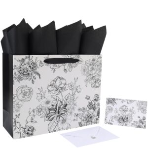 13” large sketched flowers gift bag set with handles, greeting card, tissue papers and stickers for women girls for birthday, wedding, anniversary and mother’s day, black flowers design, 1 pcs