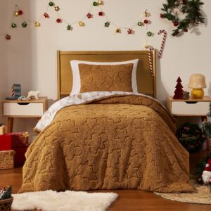 wink deer plush sherpa twin comforter set for girls boys,fluffy gingerbread man brown 2-piece reversible kids bedding set with cute prints, soft and warm comforter for winter