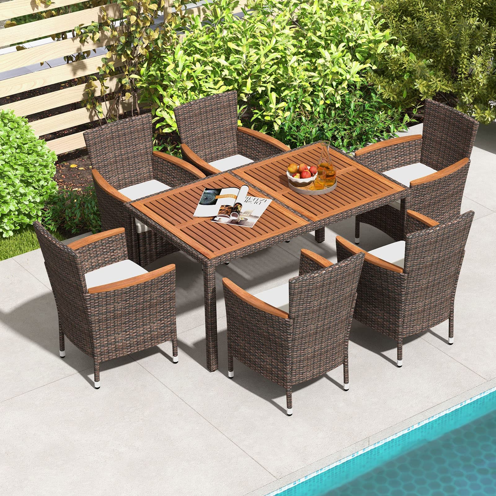 Toolsempire 7 Pieces Patio Wicker Dining Set Outdoor Dining Set, Patio Furniture Set with Acacia Wood Table and Chairs, Garden Dining Table Set for Desk, Poolside, Backyard (Brown)